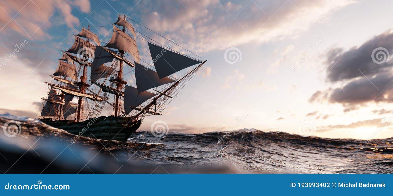 Pirate Ship Sailing on the Ocean at Sunset Stock Photo - Image of ...