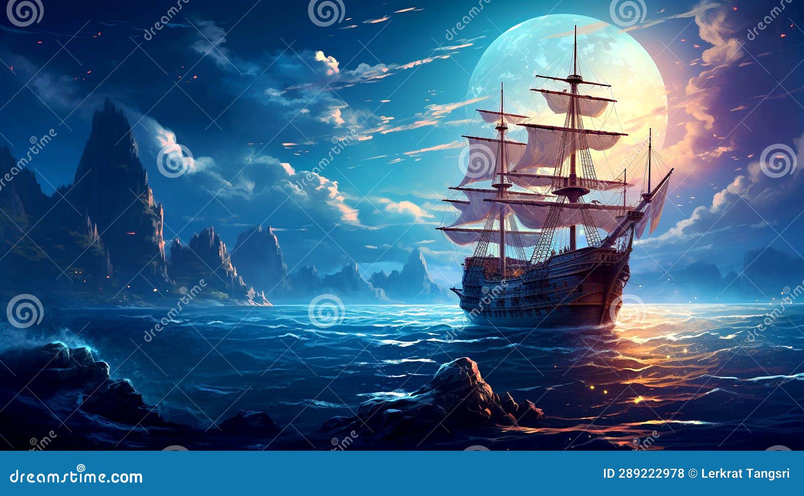 Pirate Ship Sailing in the Sea Stock Illustration - Illustration of ...