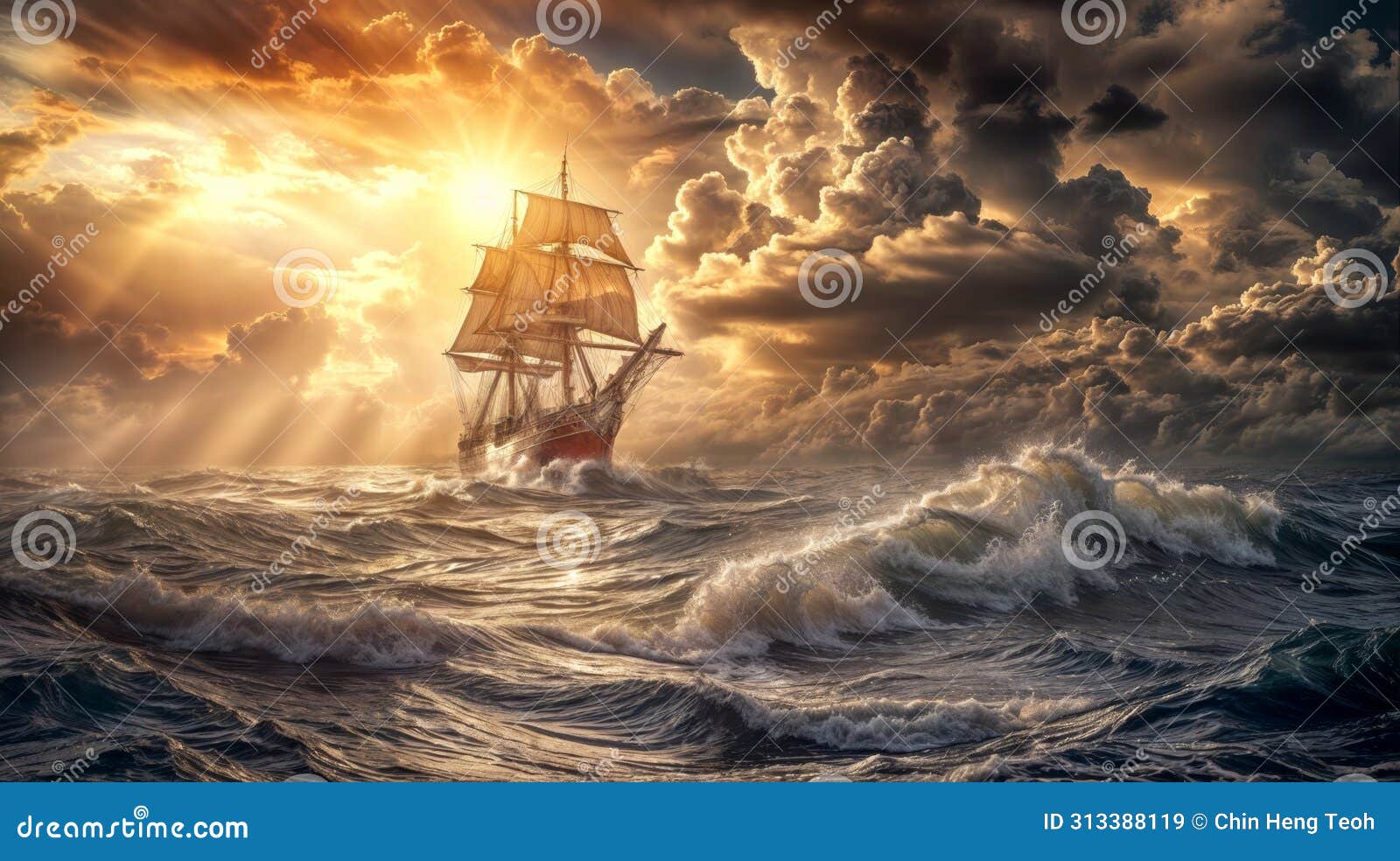 Pirate Ship Sailing in the Sea at Sunset Stock Illustration ...