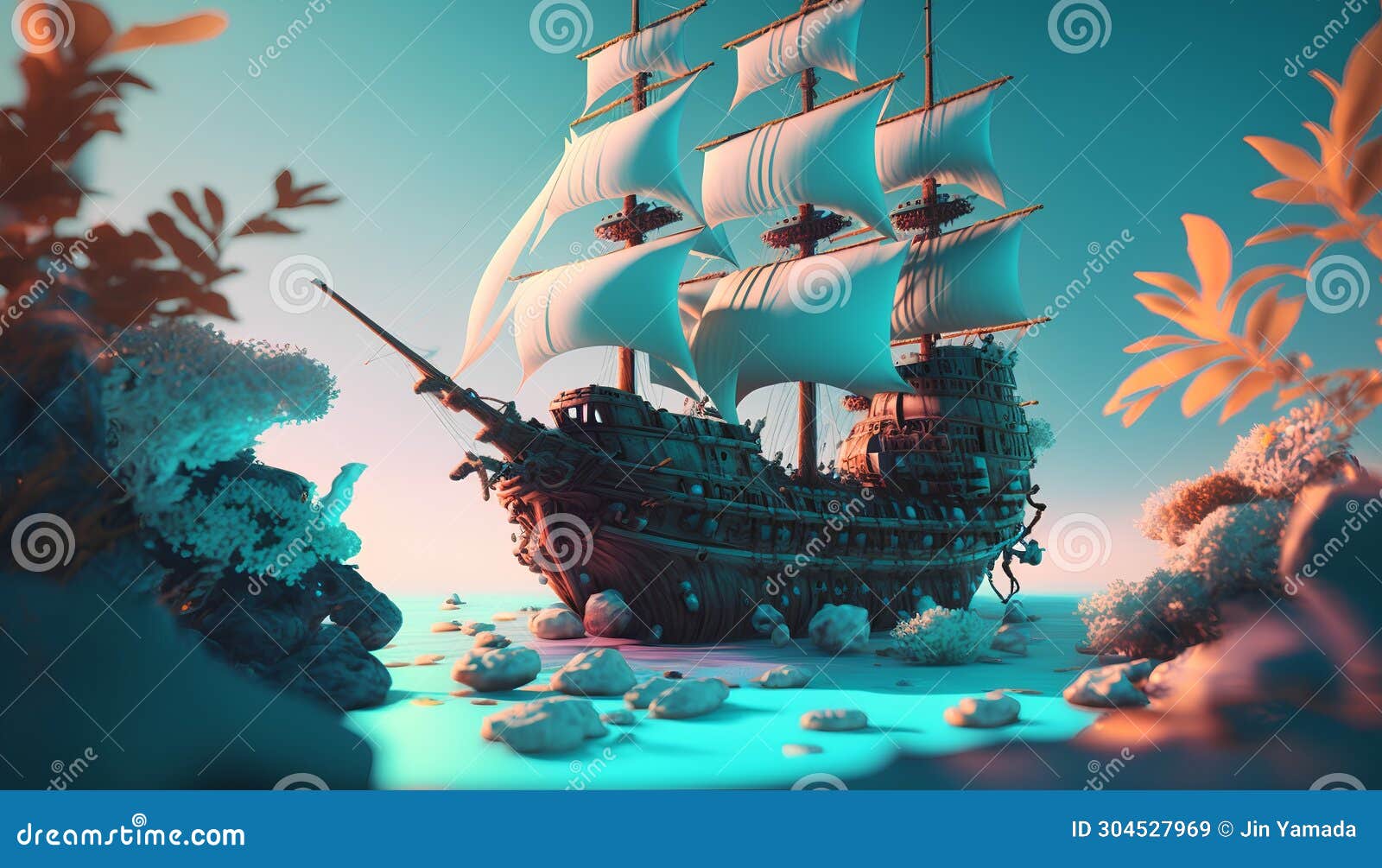 Pirate Ship in the Sea. 3d Illustration. Fantasy Stock Illustration ...