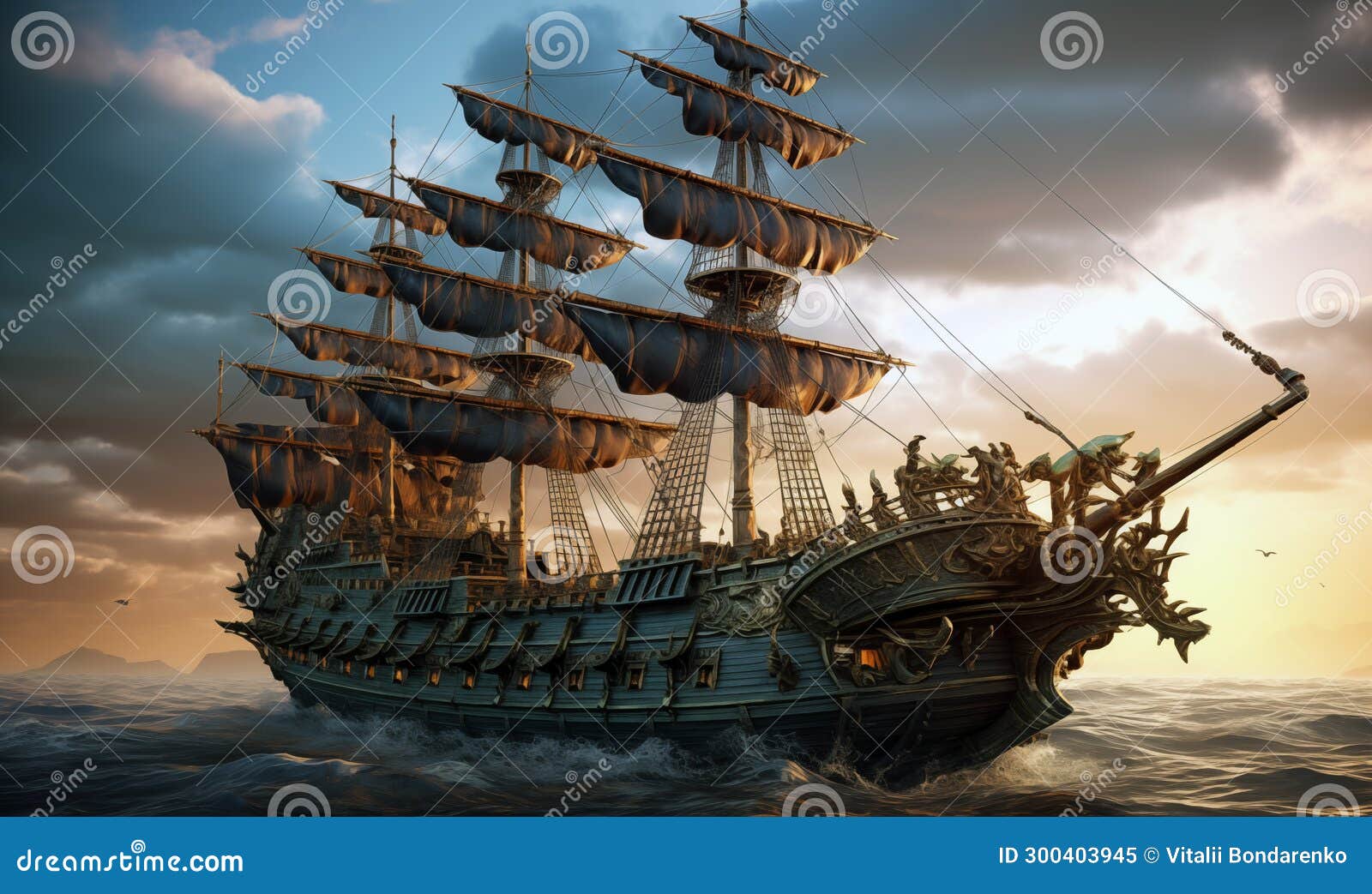Pirate Ship in the Sea. 3D Render. Fantasy. Stock Illustration ...
