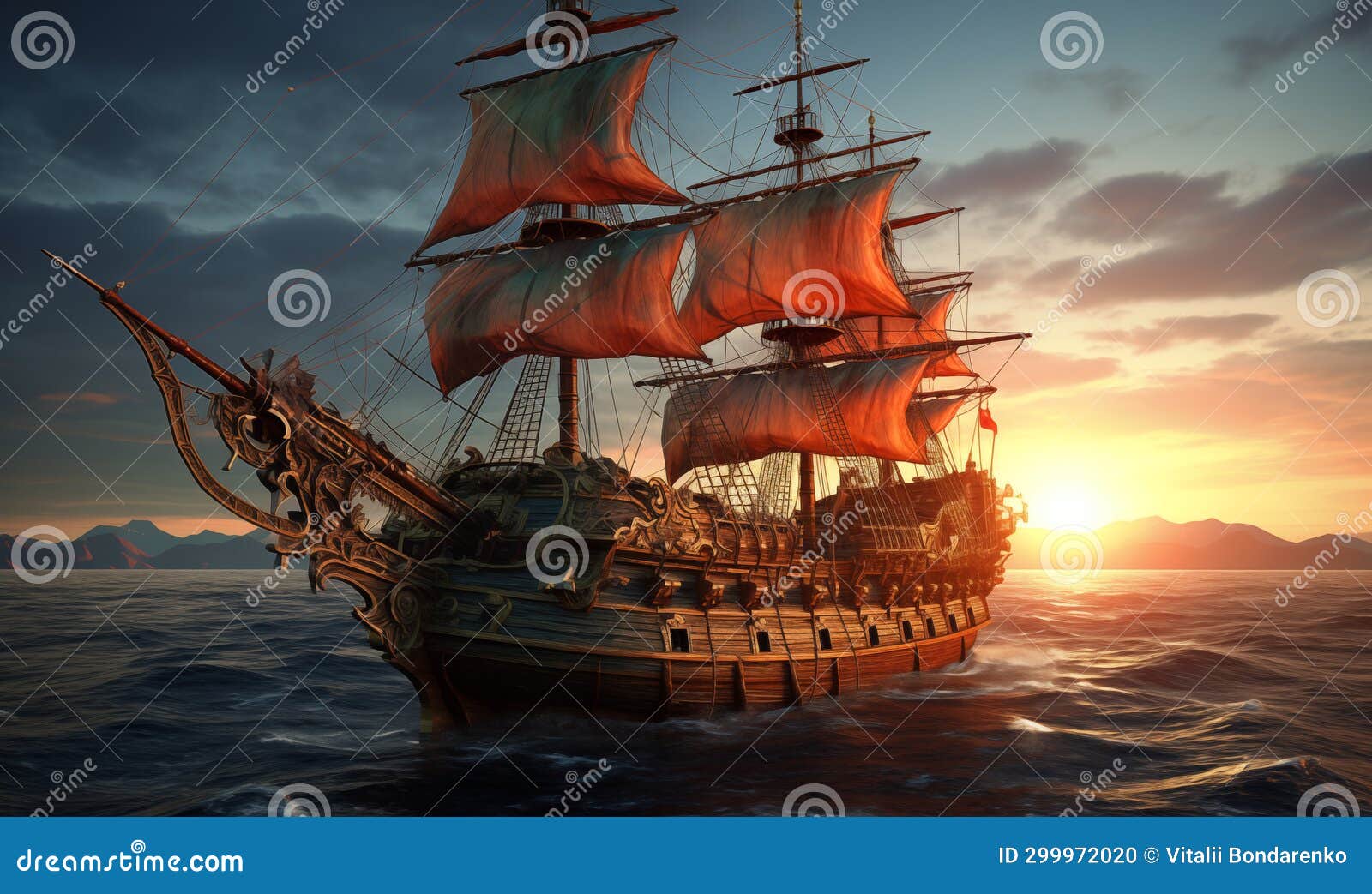 Pirate Ship in the Sea at Sunset. 3D Illustration. Stock Illustration ...