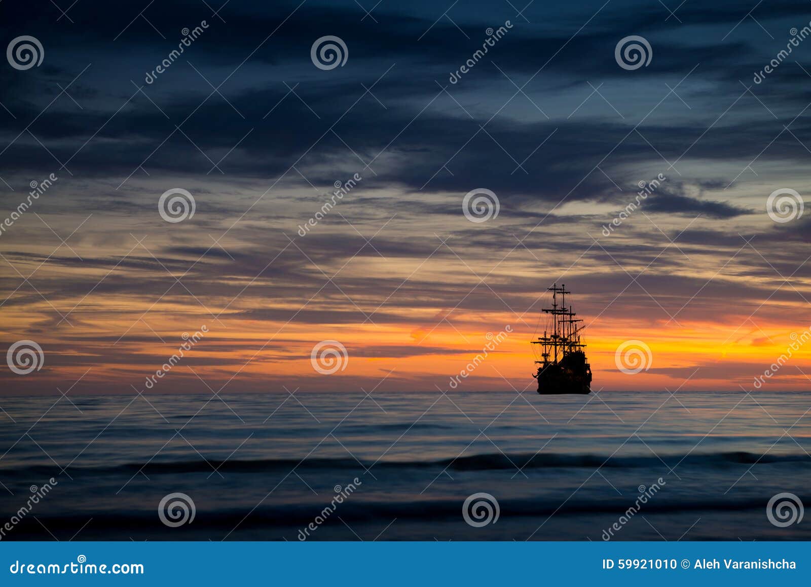 Pirate Ship in Sunset Scenery. Stock Photo - Image of nautical, orange ...