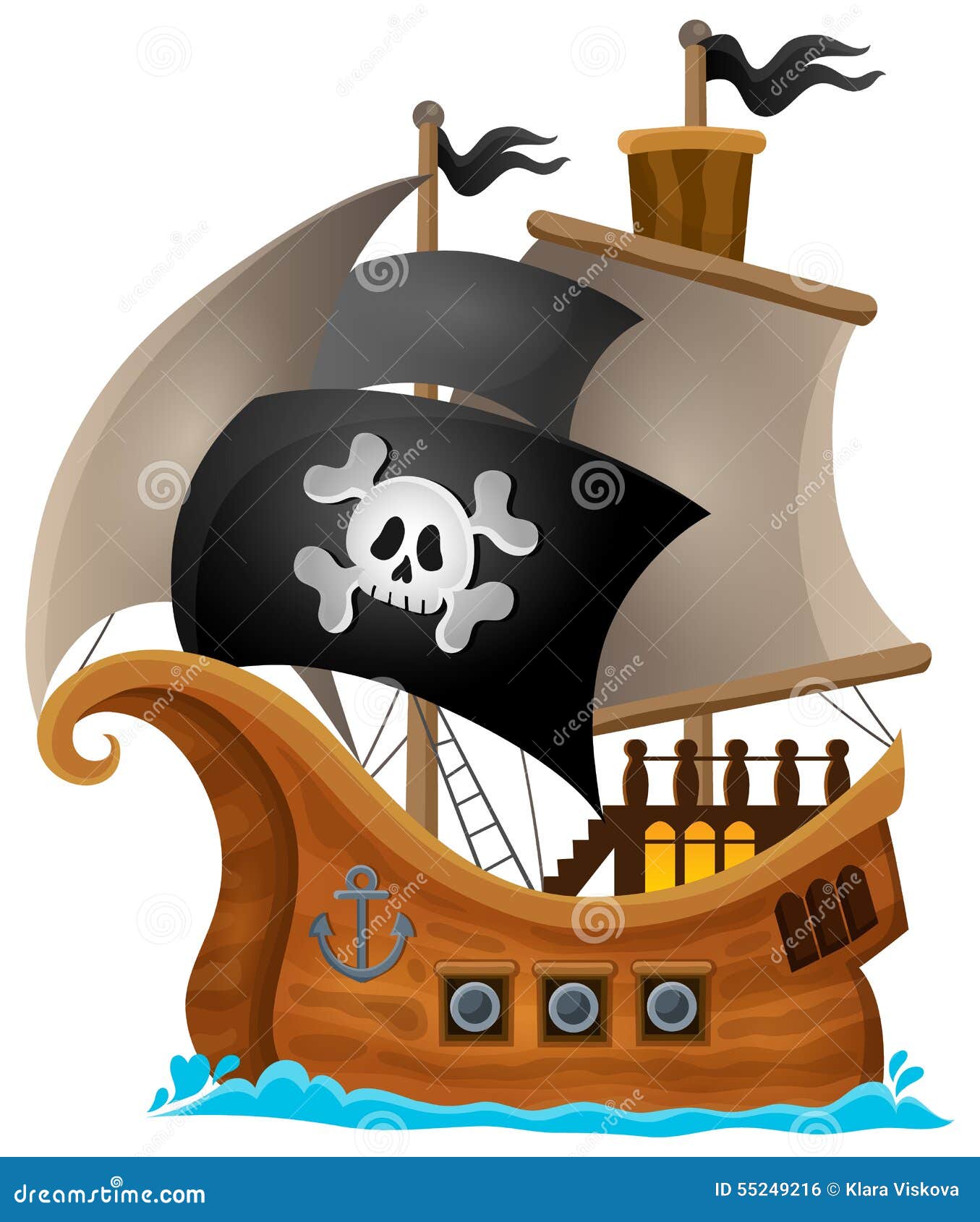 Pirate Ship With Black Sails And Square Rigged Mast Navigating Upon ...