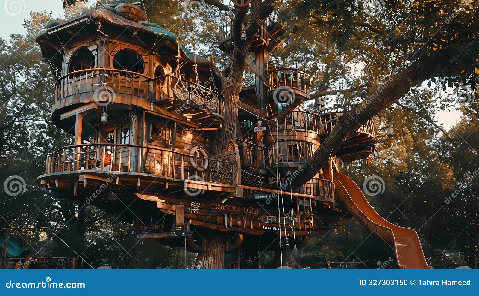 Rustic Treehouse with a Wooden Bridge Connecting To Another Tree Stock ...