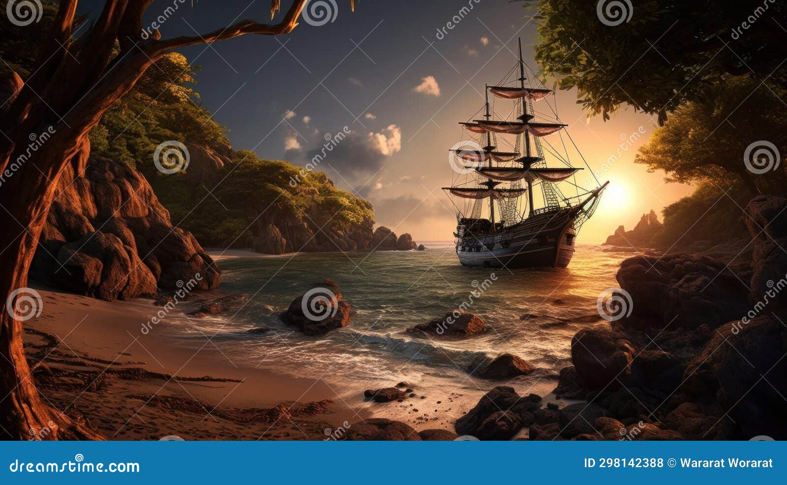 A Pirate Ship in a Tropical Cove or Bay at Sunset Stock Photo - Image ...