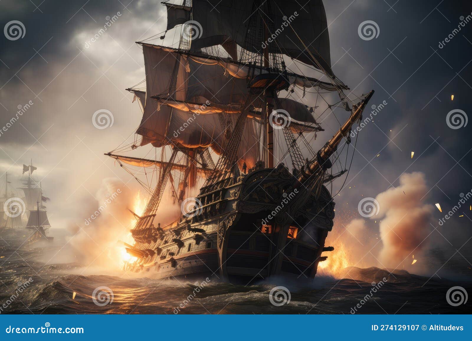 Pirate Ship Under Attack by Enemy, with Cannon Fire and Smoke in the ...