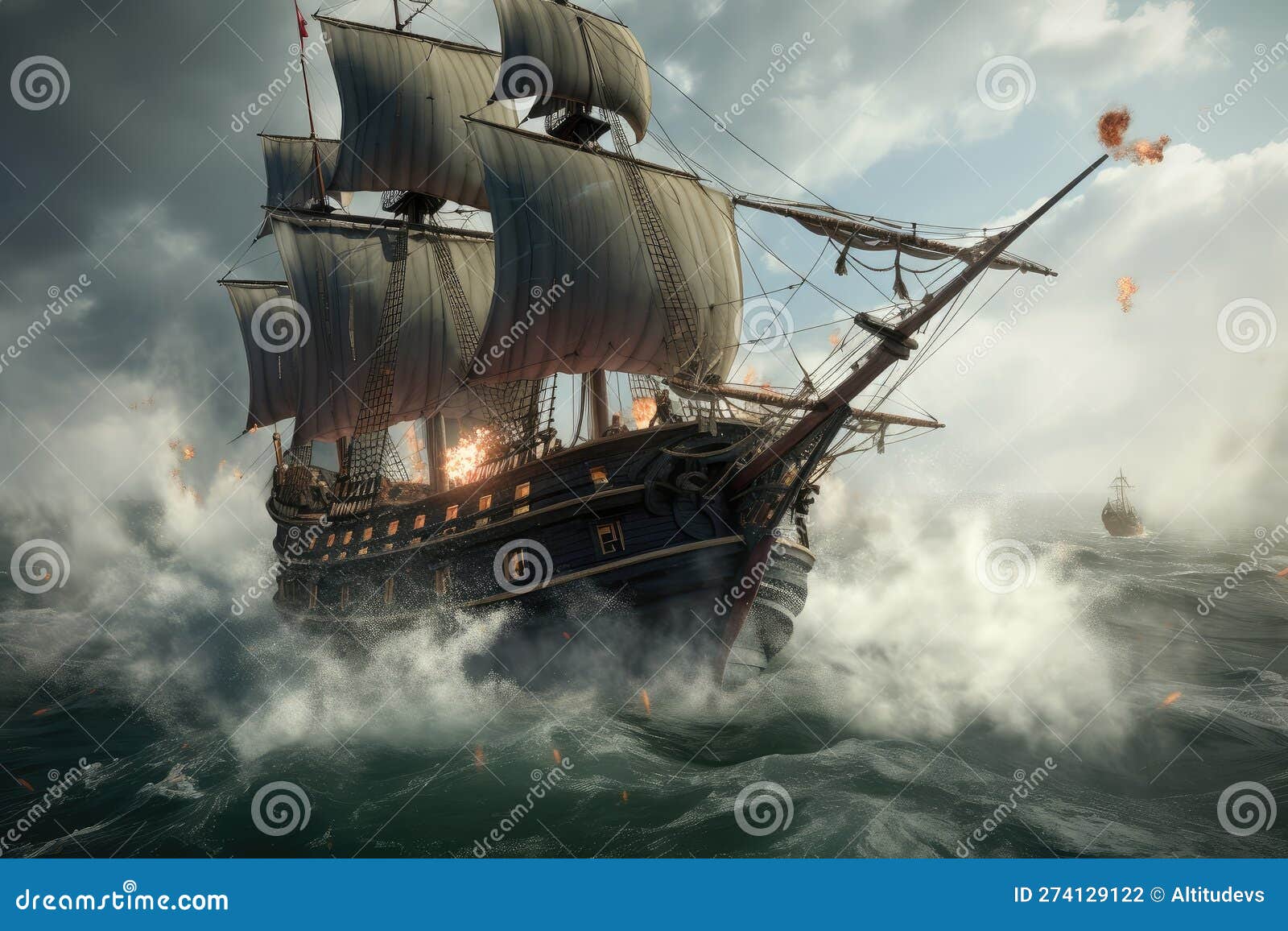 Pirate Ship Under Attack by Enemy, with Cannon Fire and Smoke in the ...