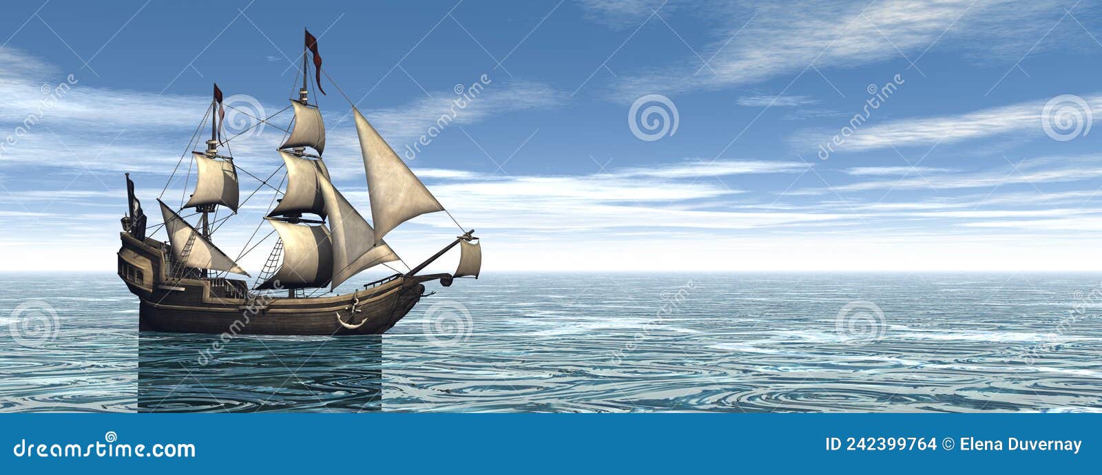 Pirate Ship on the Water - 3D Render Stock Illustration - Illustration ...