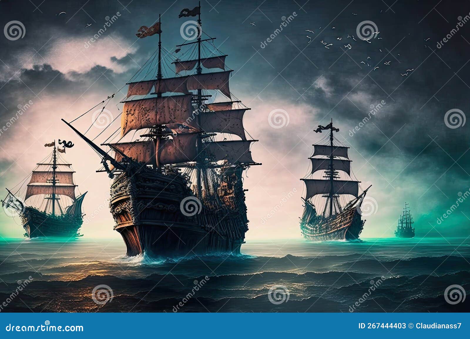 Pirate Ships, Ai Generative Illustration Stock Illustration ...