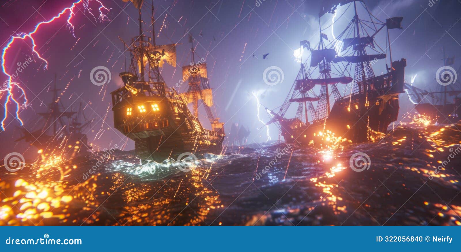 Pirate Ships Fighting during a Storm, Stock Photo - Image of horror ...