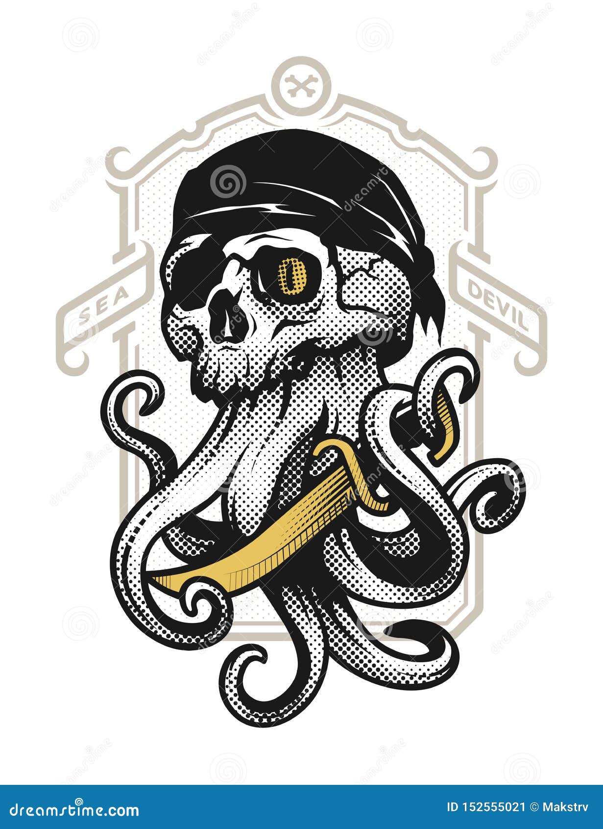 Pirate Skull with Tentacles of Octopus. Vector Illustration. Stock ...
