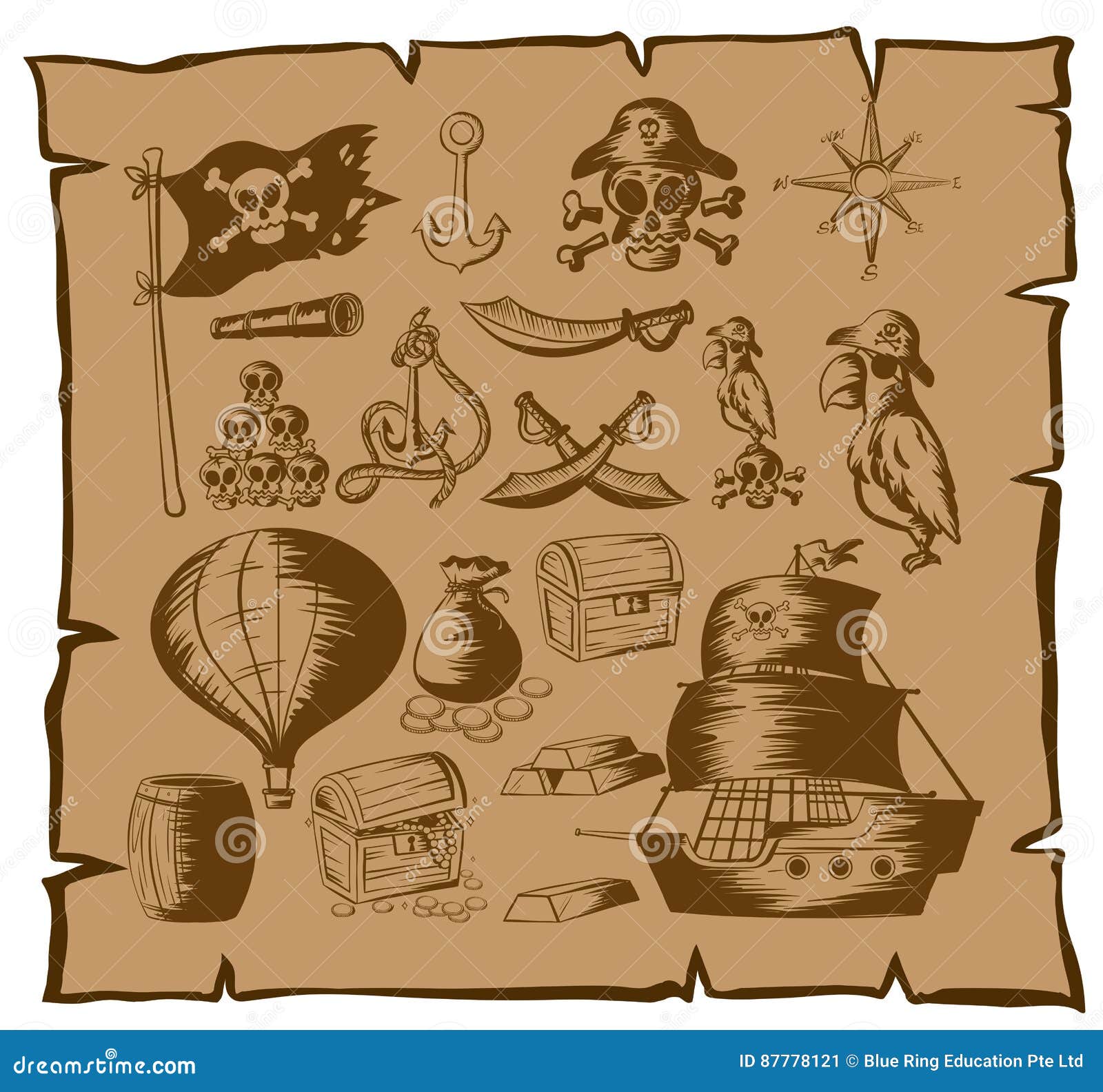 Pirate Symbols and Other Elements on Map Stock Vector - Illustration of ...