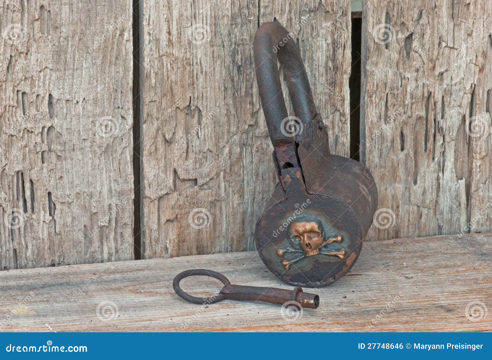 Pirate Treasure Lock & Key on Old Wood Shelf Stock Photo - Image of ...