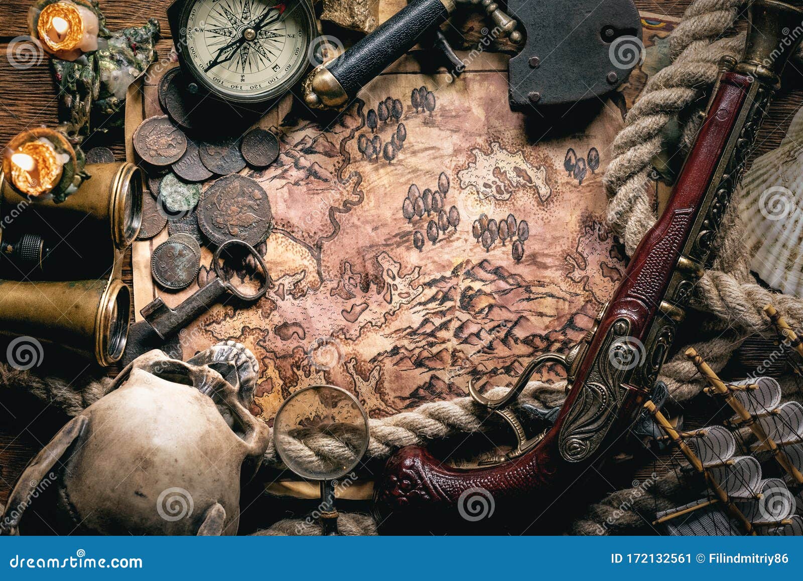 Treasure map stock image. Image of handgun, chest, skull - 172132561