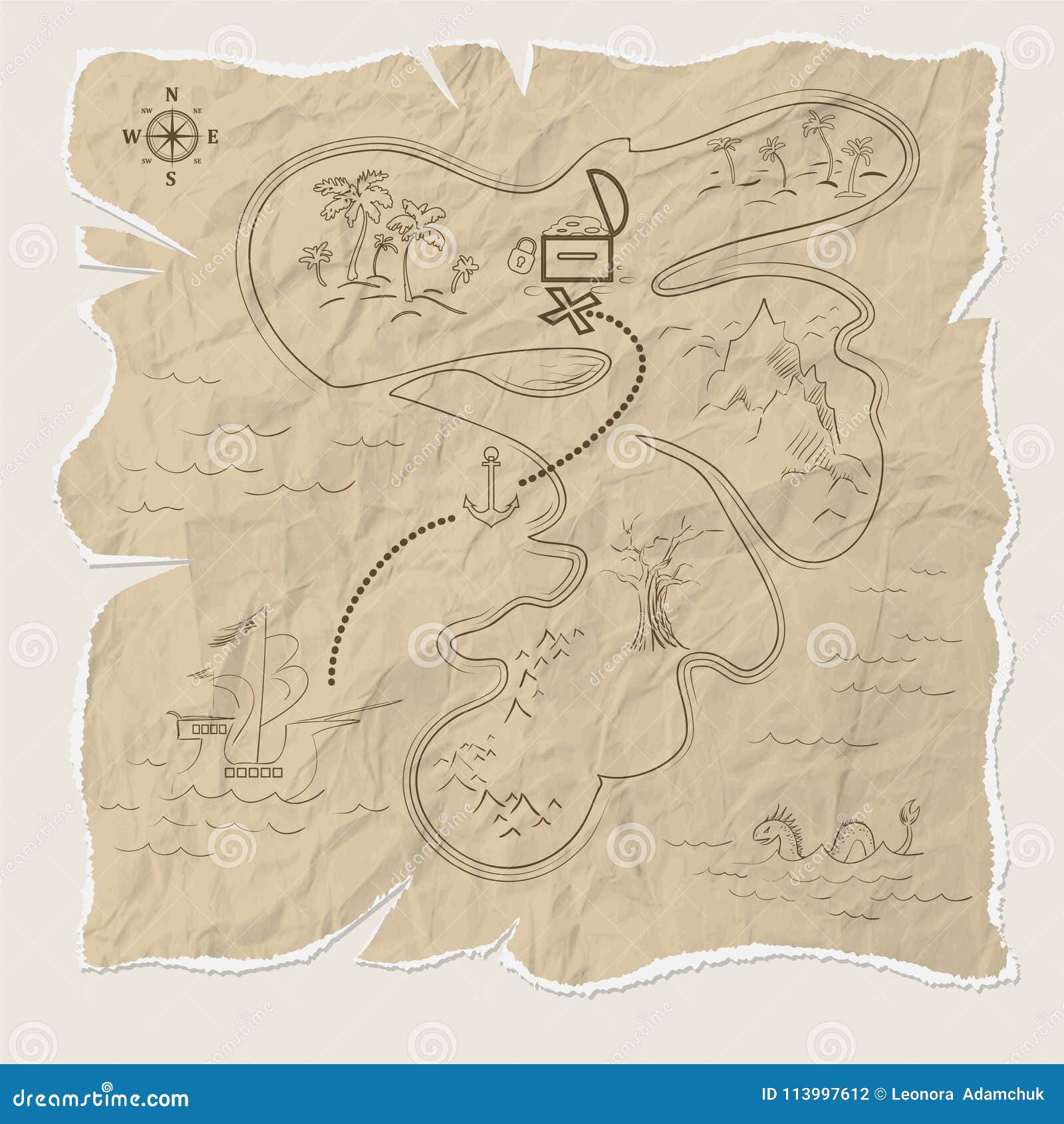 Pirate Treasure Map of the Island on Old Paper. Stock Illustration ...