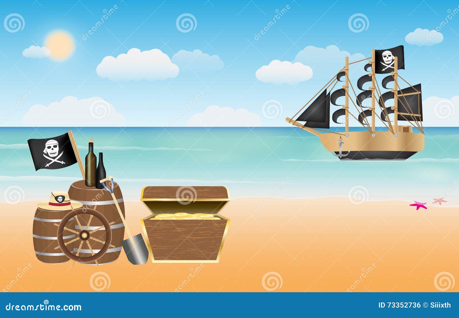Pirate Treasure with Pirate Ship Scene at Beach Stock Vector ...