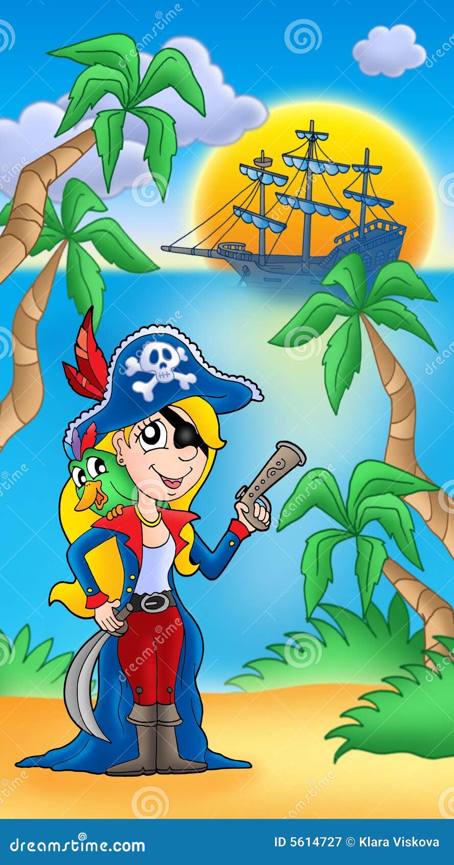 Pirate Woman with Parrot and Boat Stock Illustration - Illustration of ...