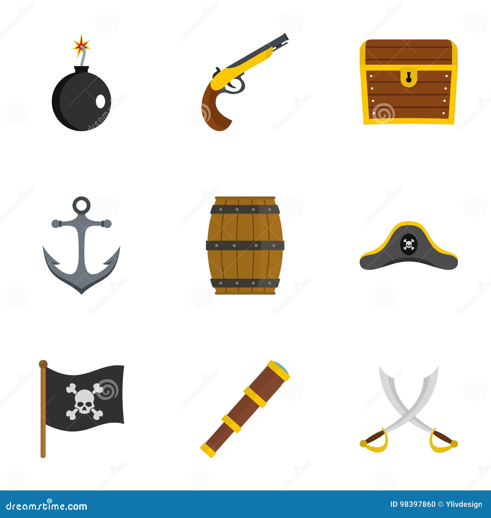 Pirates Attributes Icon Set, Flat Style Stock Vector - Illustration of ...