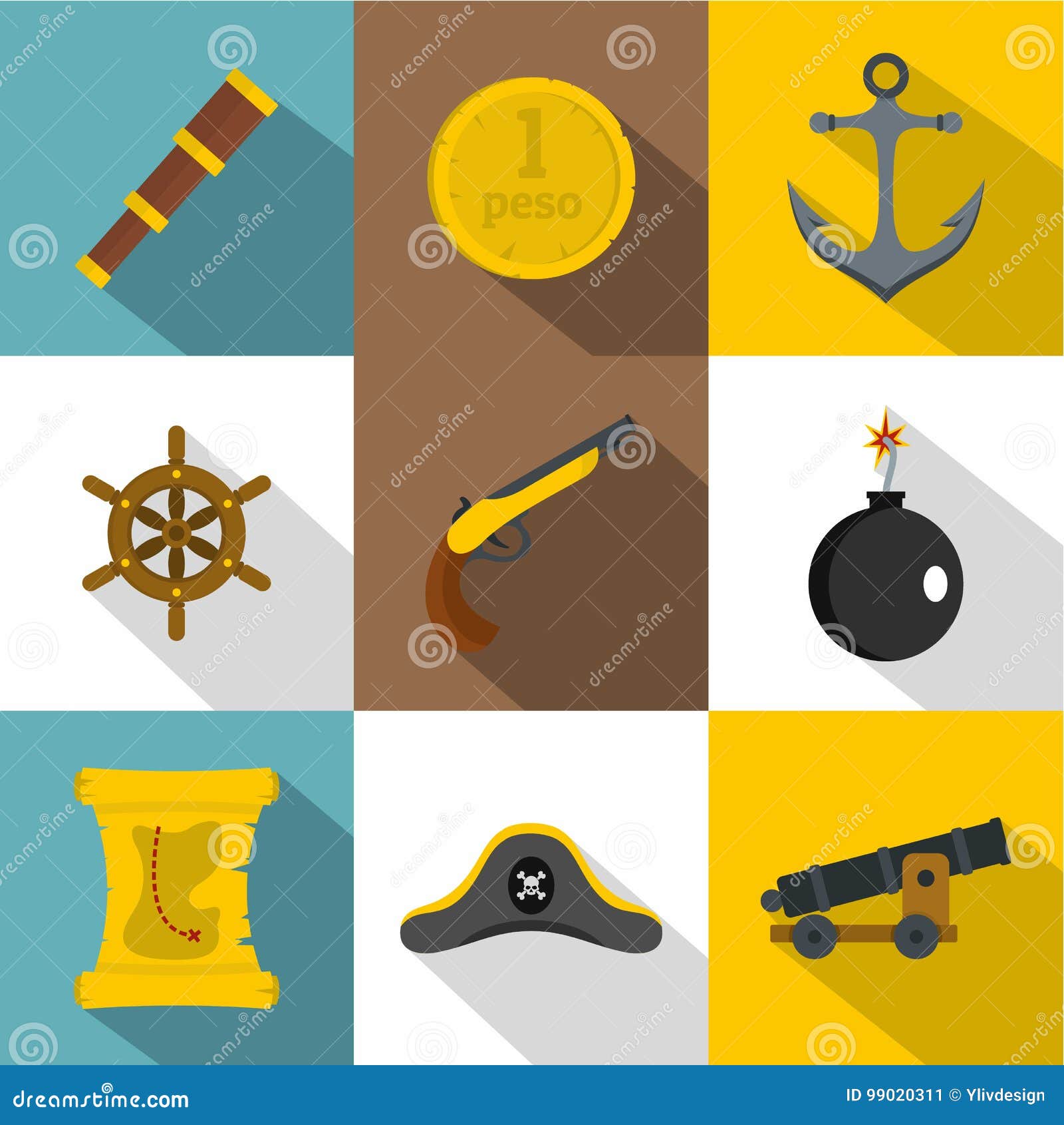 Pirates Element Icon Set, Flat Style Stock Vector - Illustration of ...