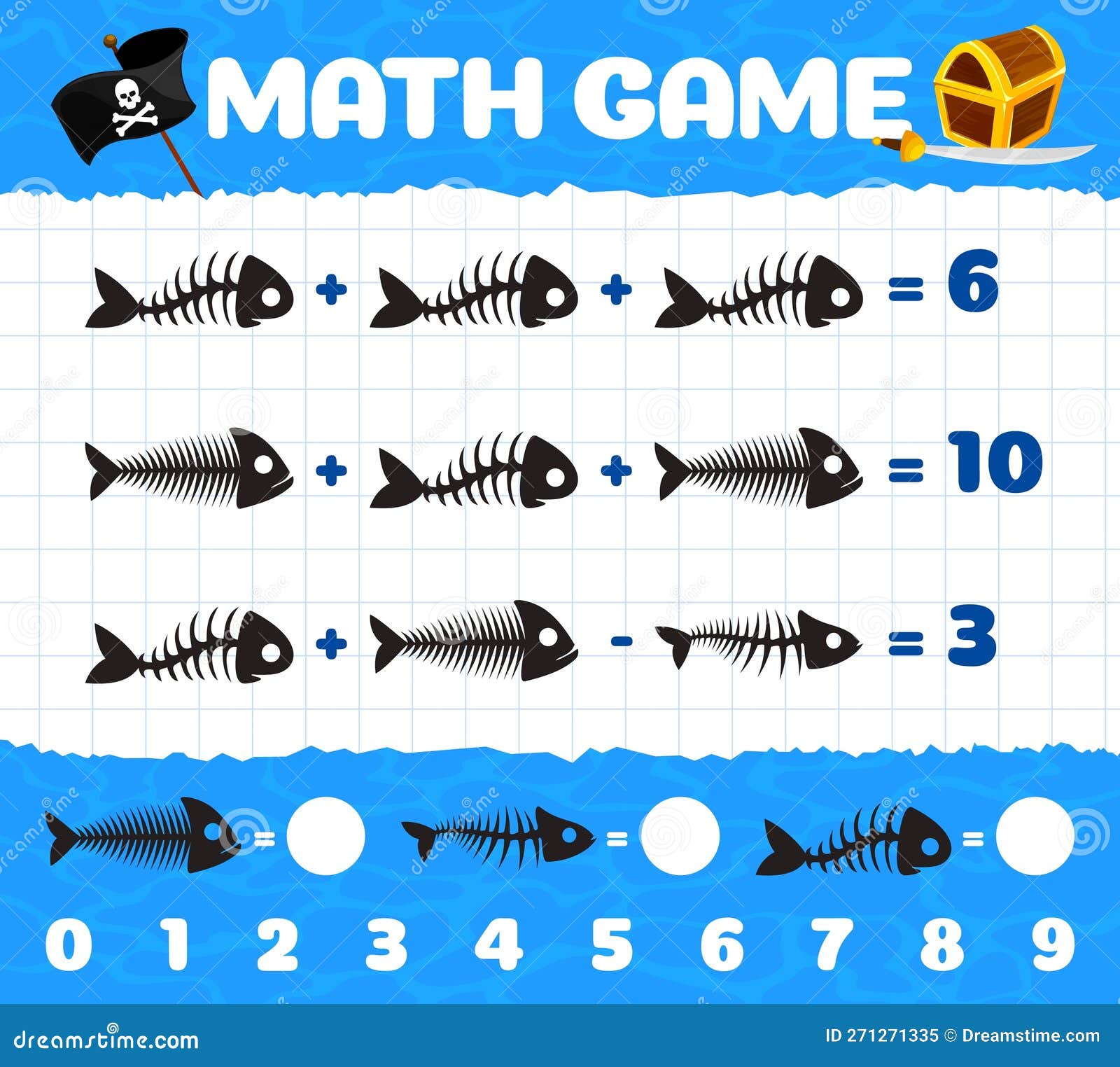 Pirates, Fish Bone Skeletons Math Game Worksheet Stock Illustration ...