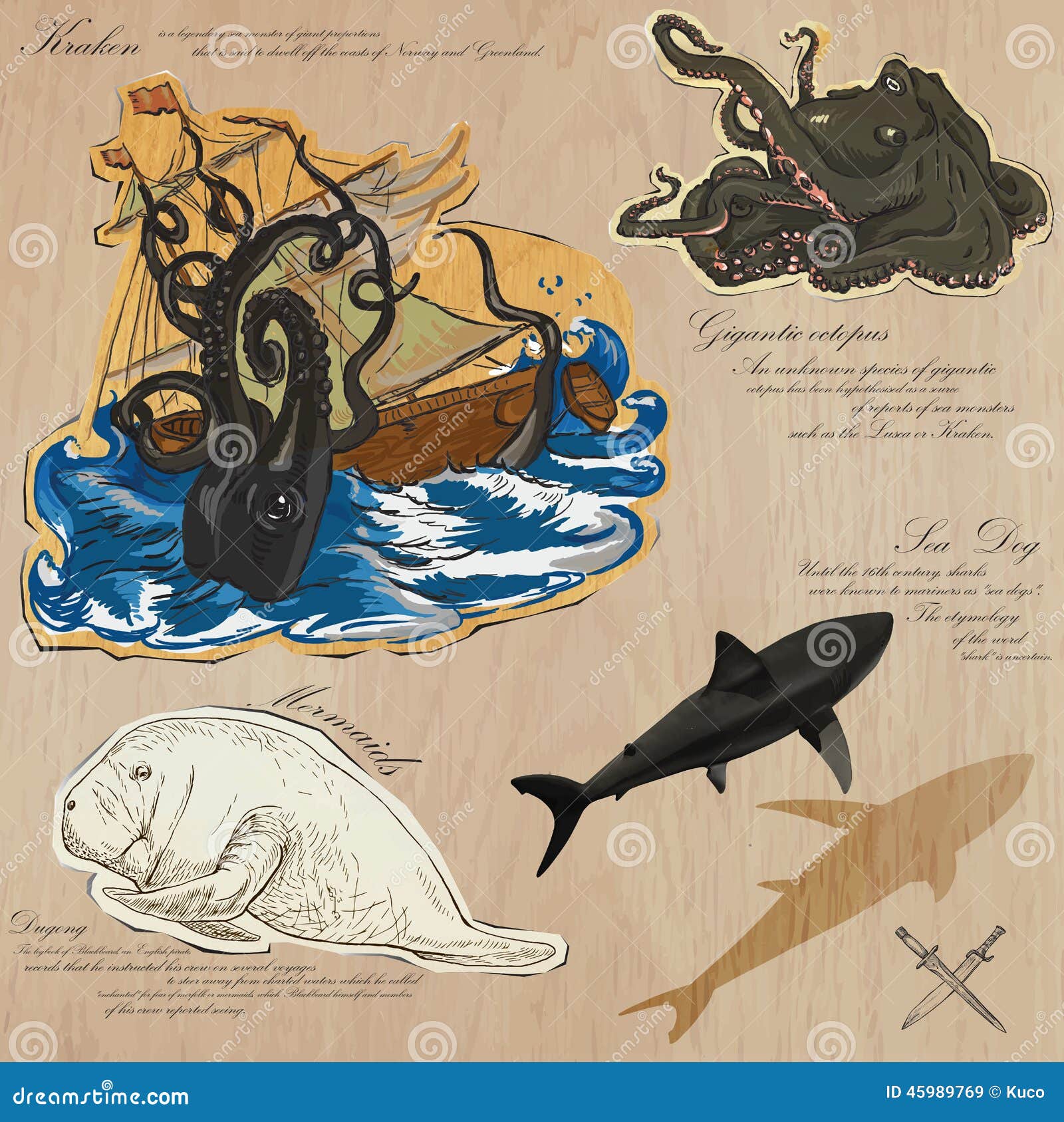 Pirates - Sea Monsters. Hand Drawn and Mixed Media Stock Vector ...