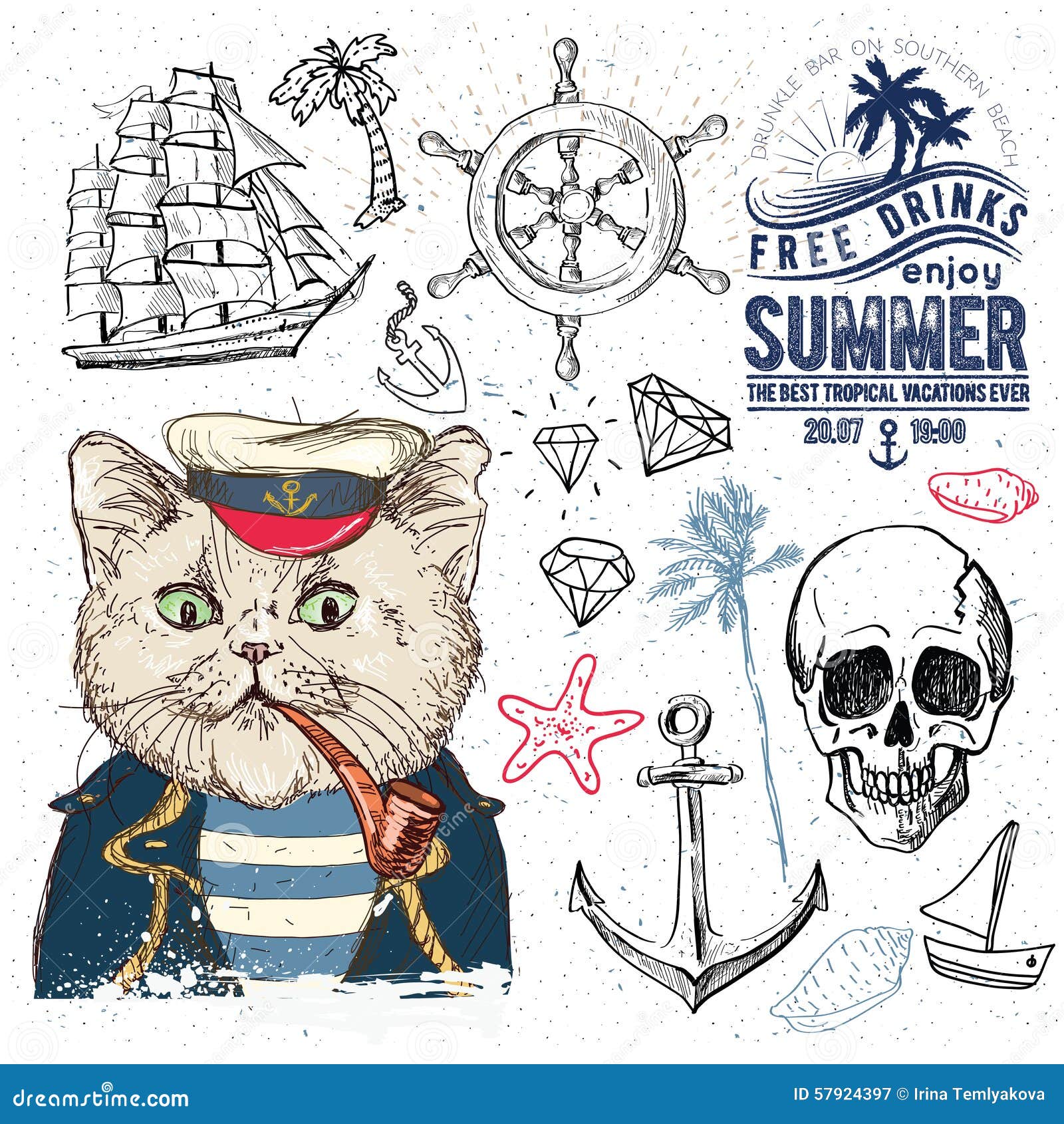 Pirates Set. Hand Drawn Illustrations Stock Vector - Illustration of ...