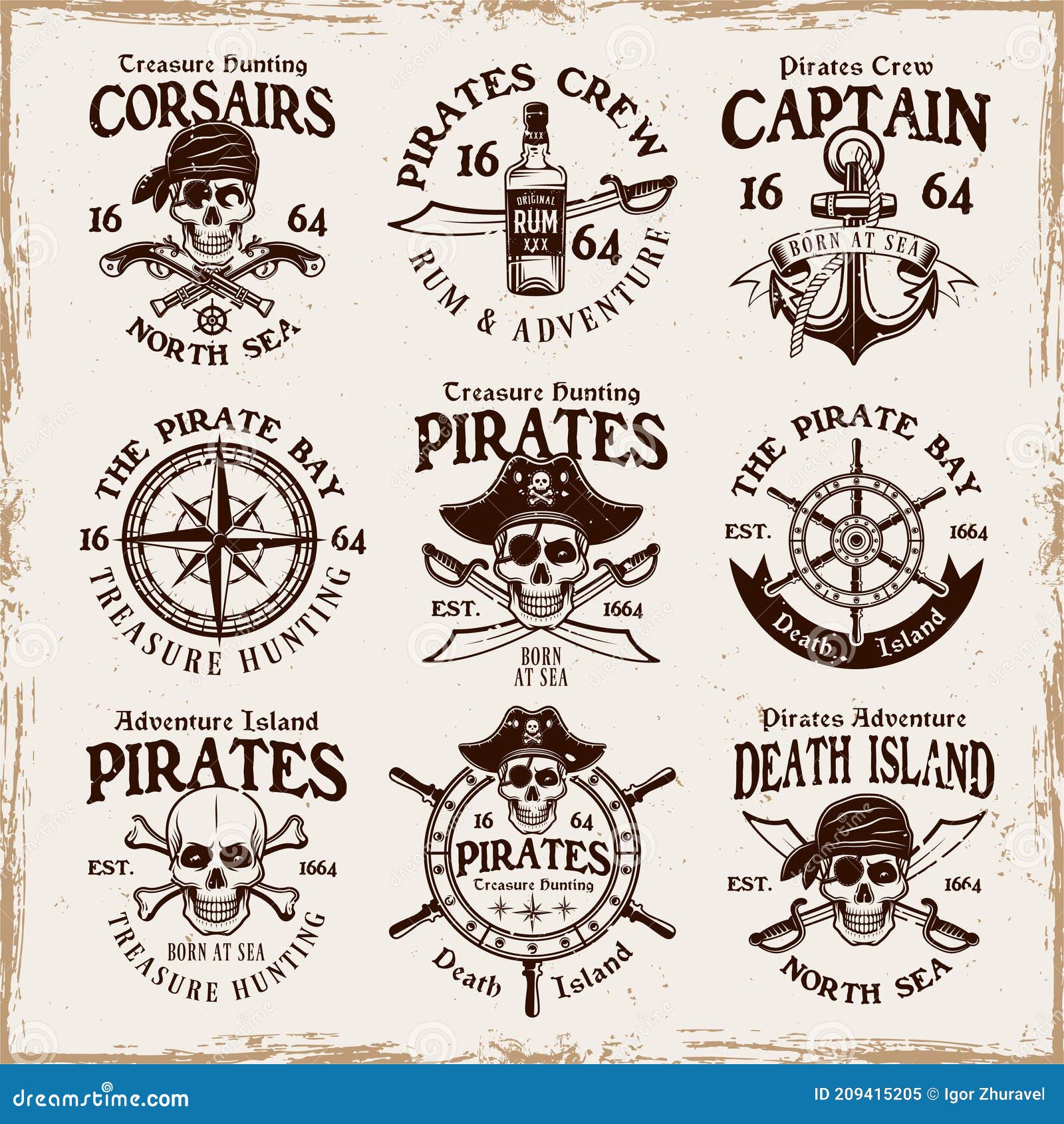 Pirates Set of Vector Emblems, Labels, Badges or Logos in Vintage Style ...