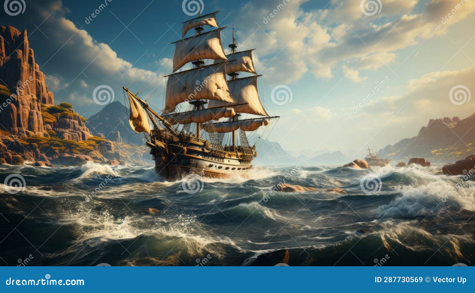 Pirates Ship in Open Sea. Generative AI. Stock Image - Image of navy ...