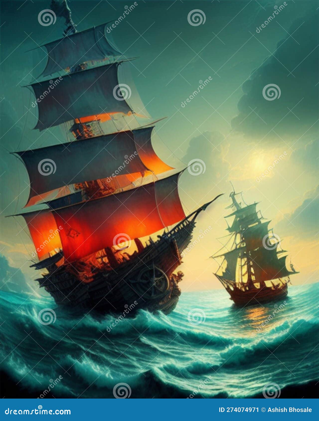 Pirates The Sea And The Ship Are On Fire Shipwreck Stock Image ...