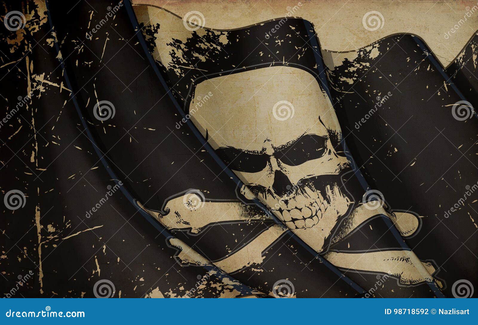 Pirates Skull And Bones Flag Waving Flag Old Paper Stock Illustration