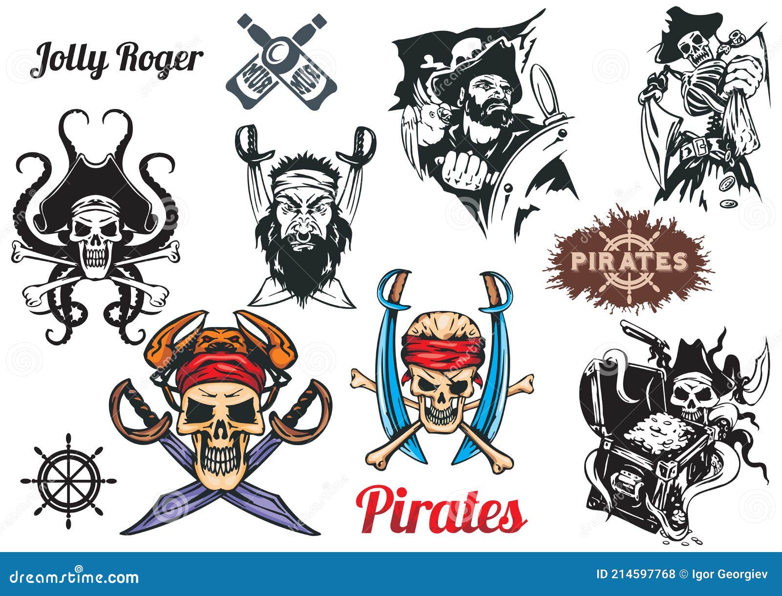 Pirates Tattoo Flash Set Vector Poster Illustration Template Stock ...