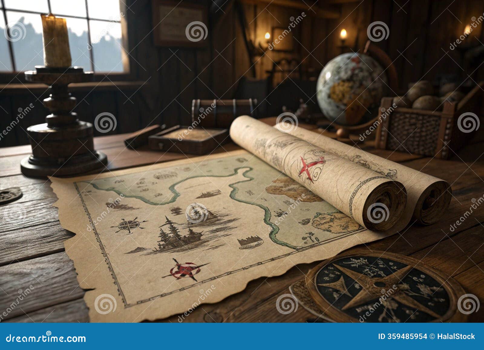 Pirates Treasure Map Scroll 3D Illustration. Pirates Treasure Map ...