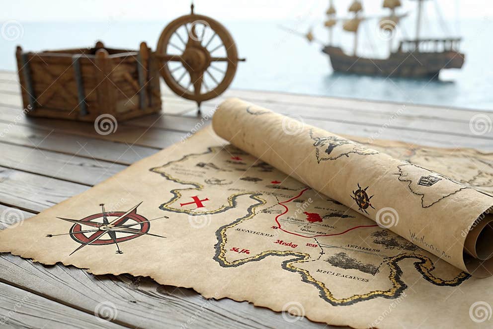 Pirates Treasure Map Scroll 3D Illustration. Pirates Treasure Map ...