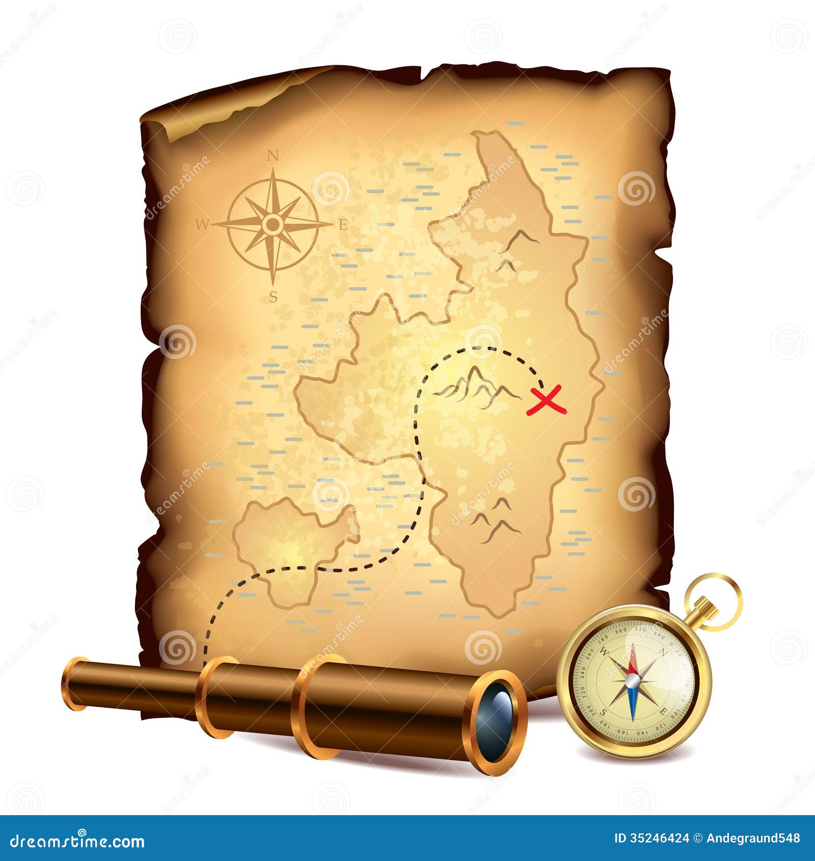 Pirates Treasure Map with Spyglass and Compass Stock Vector ...