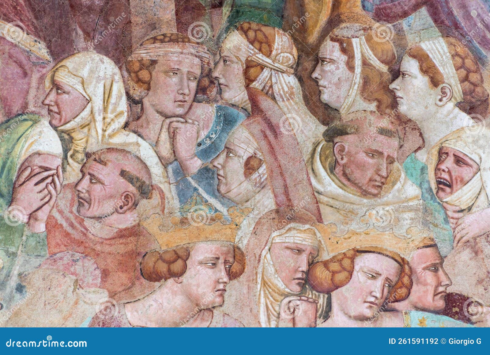 Close-up on Women and Monks Faces Painted in Ancient Medieval Fresco ...