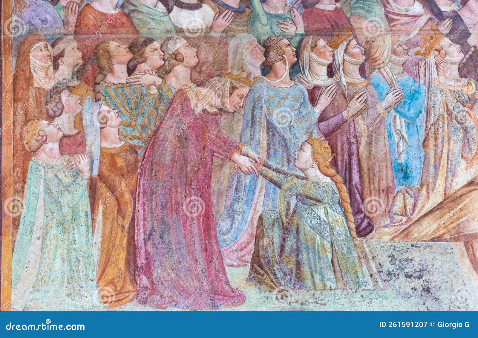 Close-up on Ancient Medieval Fresco Representing a Princess Kneeling ...