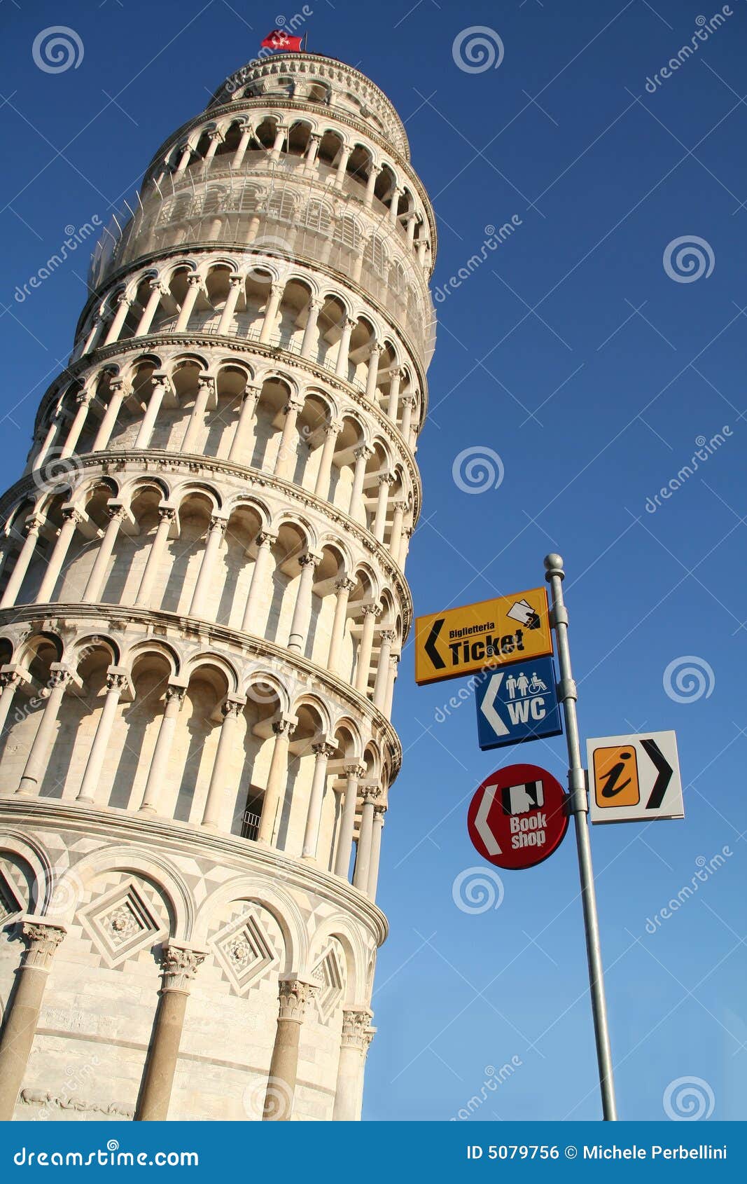 Pisa Leaning Tower with Tourist Signs Stock Photo - Image of tower ...