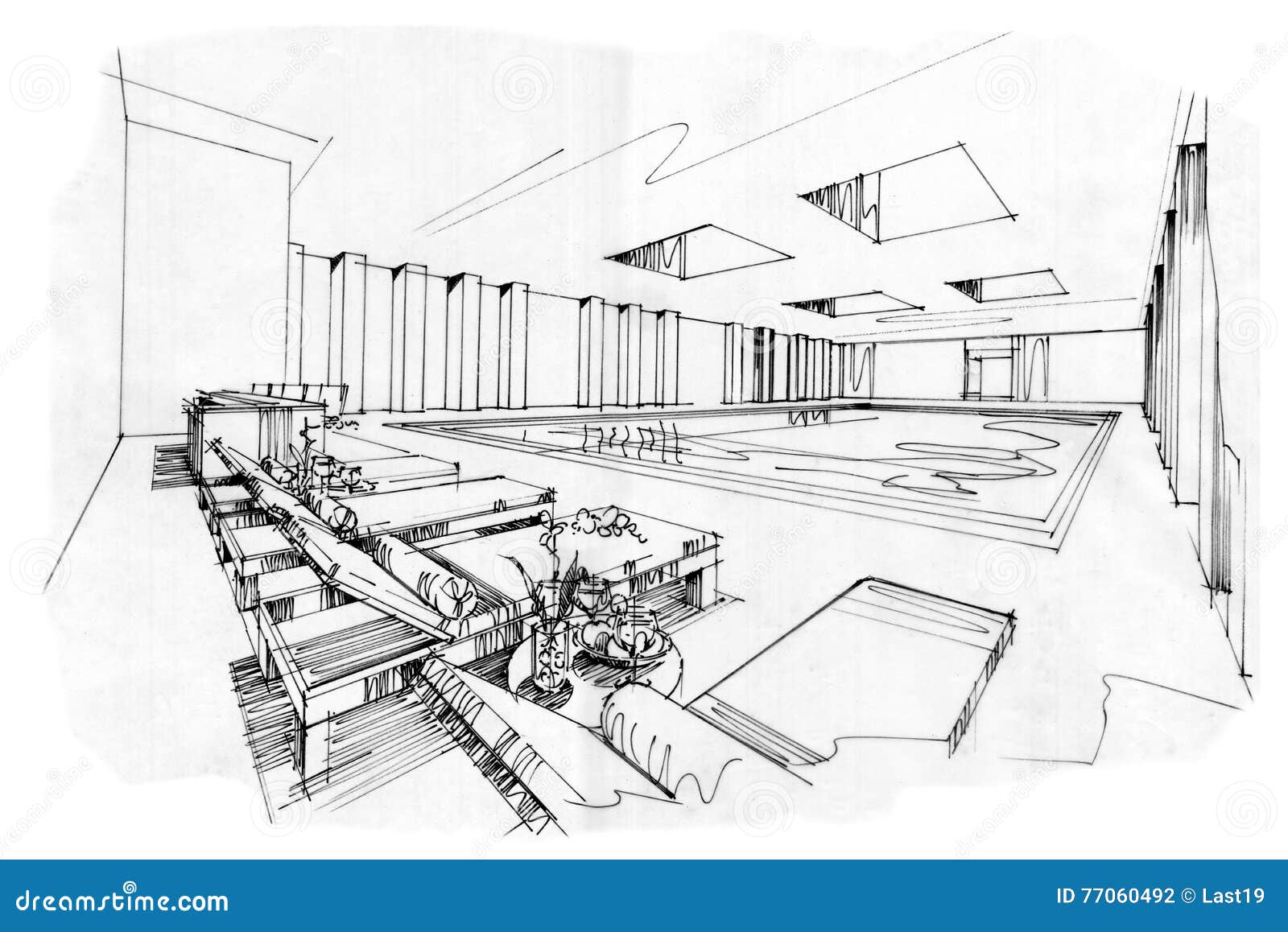 Piscine Interne Di Prospettiva Di Schizzo, Interior Design in Bianco E ...