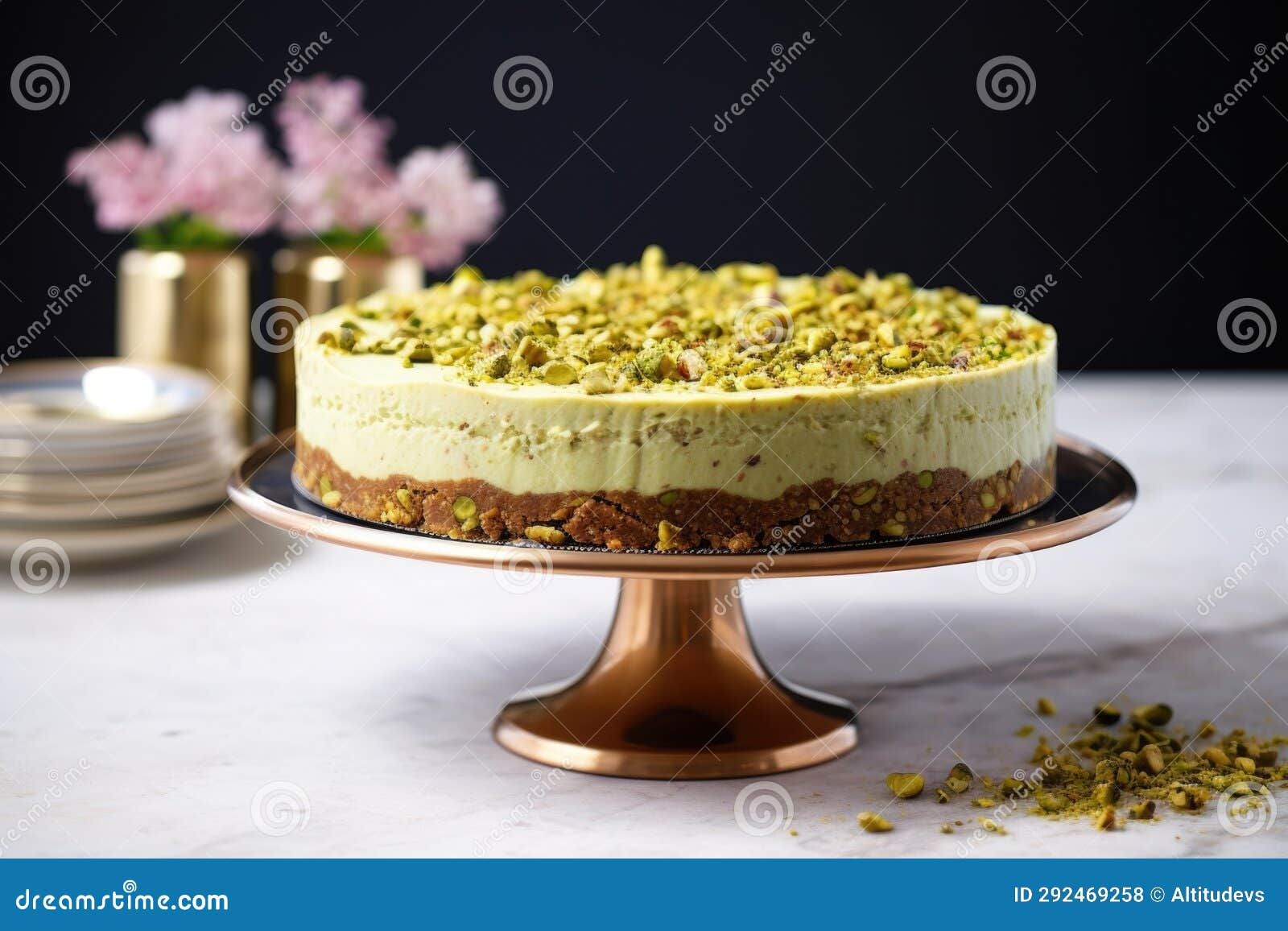 Pistachio Cheesecake on a Metallic Cake Stand Stock Photo - Image of ...
