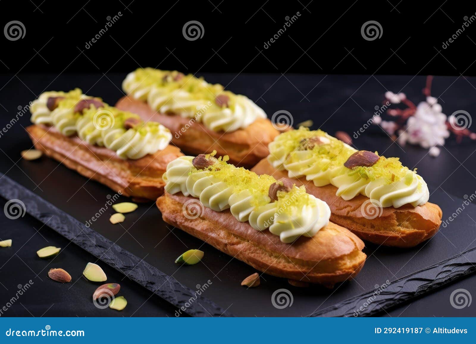 Pistachio-flavored Eclair on a Black Slate Plate Stock Image - Image of ...
