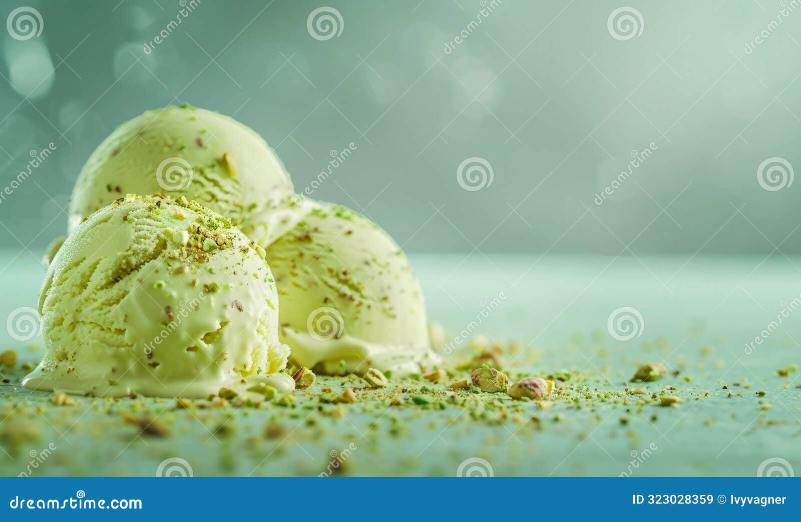 Pistachio and Ginger Ice Cream with Pistachio Sprinkles on a Light Blue ...