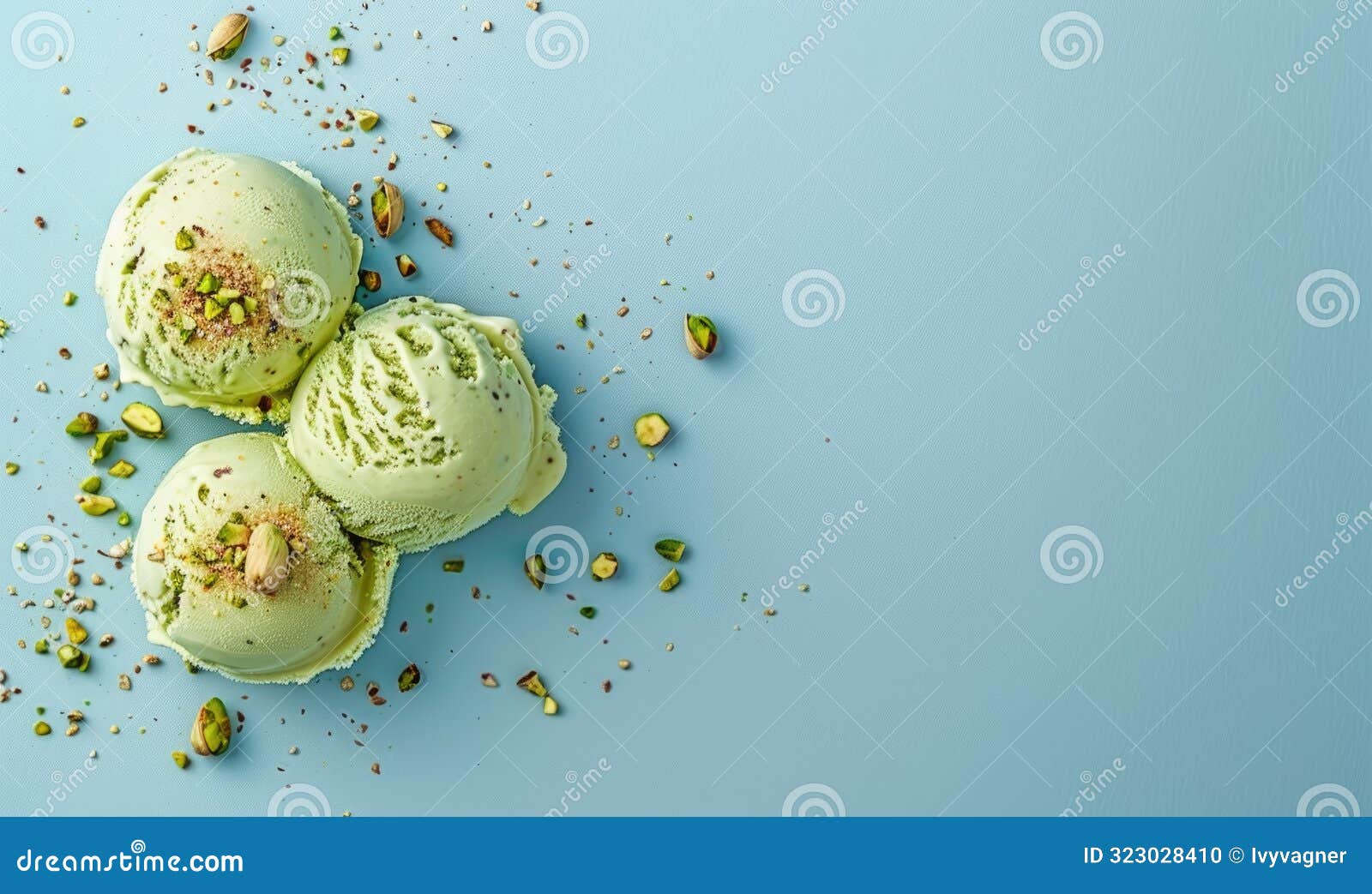 Pistachio and Ginger Ice Cream with Pistachio Sprinkles on a Light Blue ...