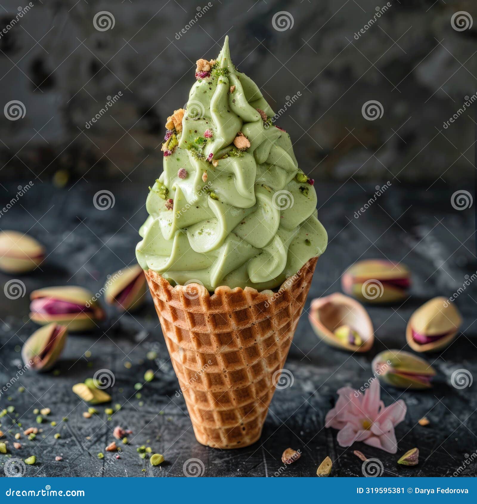Pistachio Ice Cream Cone with Mint Garnish on Dark Background Stock ...