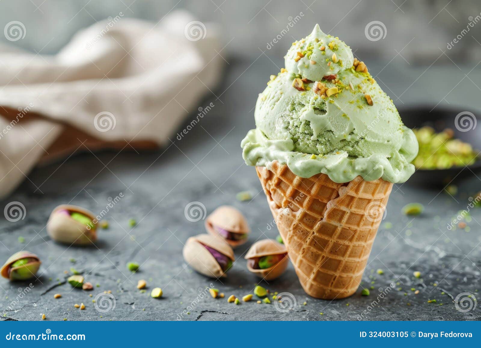 Pistachio Ice Cream Cone with Mint Garnish on Light Background Stock ...