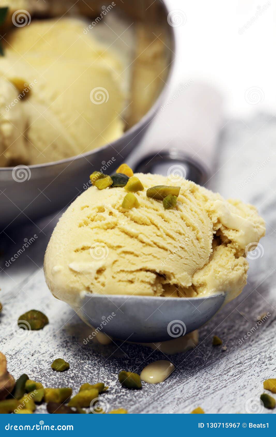 Pistachio Ice Cream Scoop with Chopped Nuts and White Chocolate Stock ...