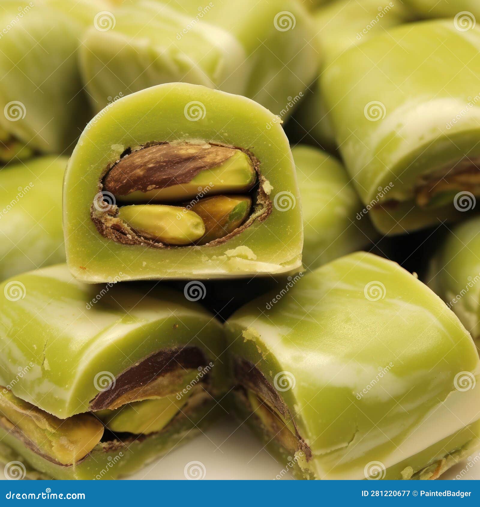 Pistachio Nut Candy, Green Hard Shell with Inner Nuts Stock ...