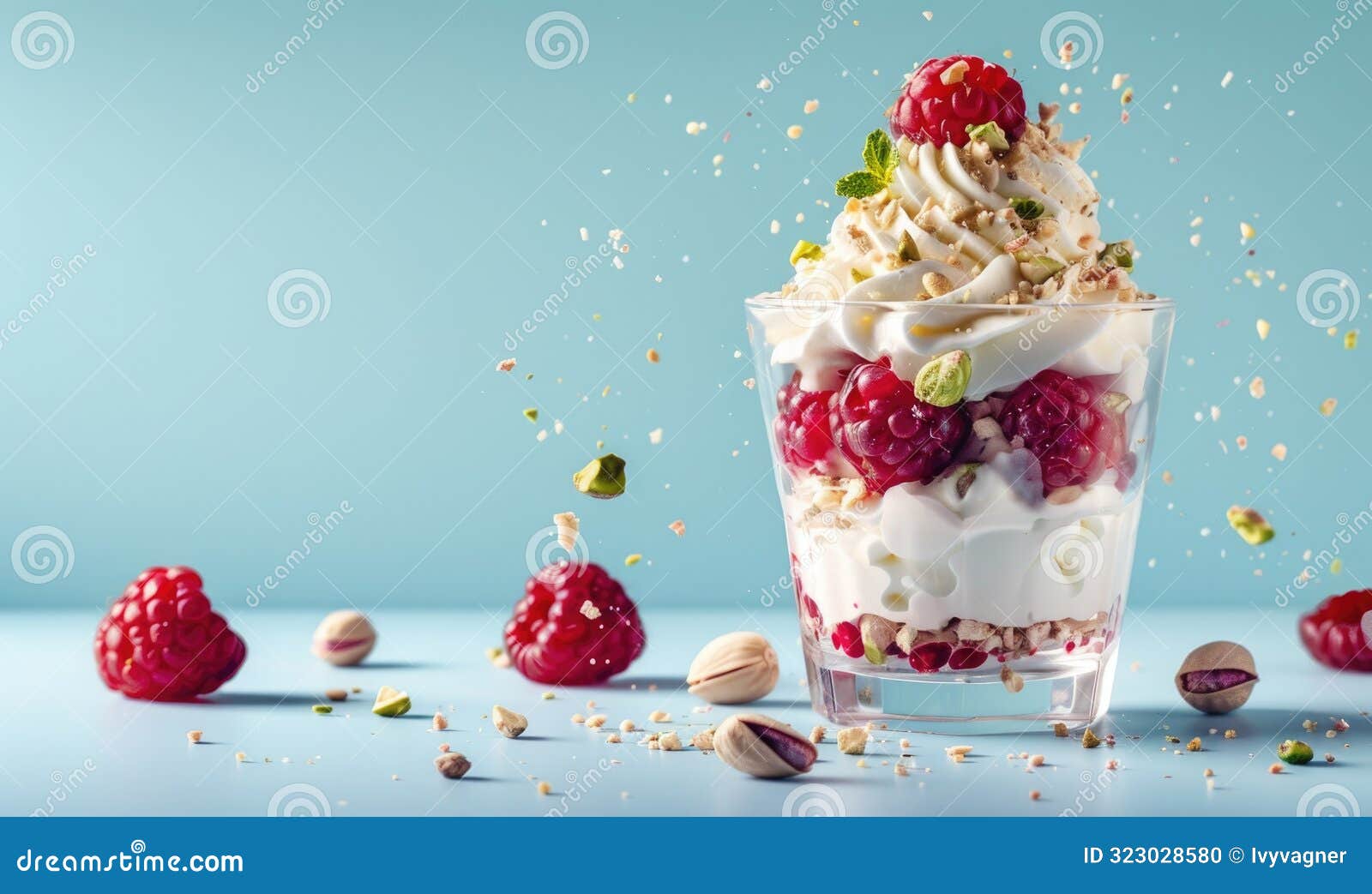 Pistachio and Raspberry Parfait with Whipped Cream on a Light Blue ...