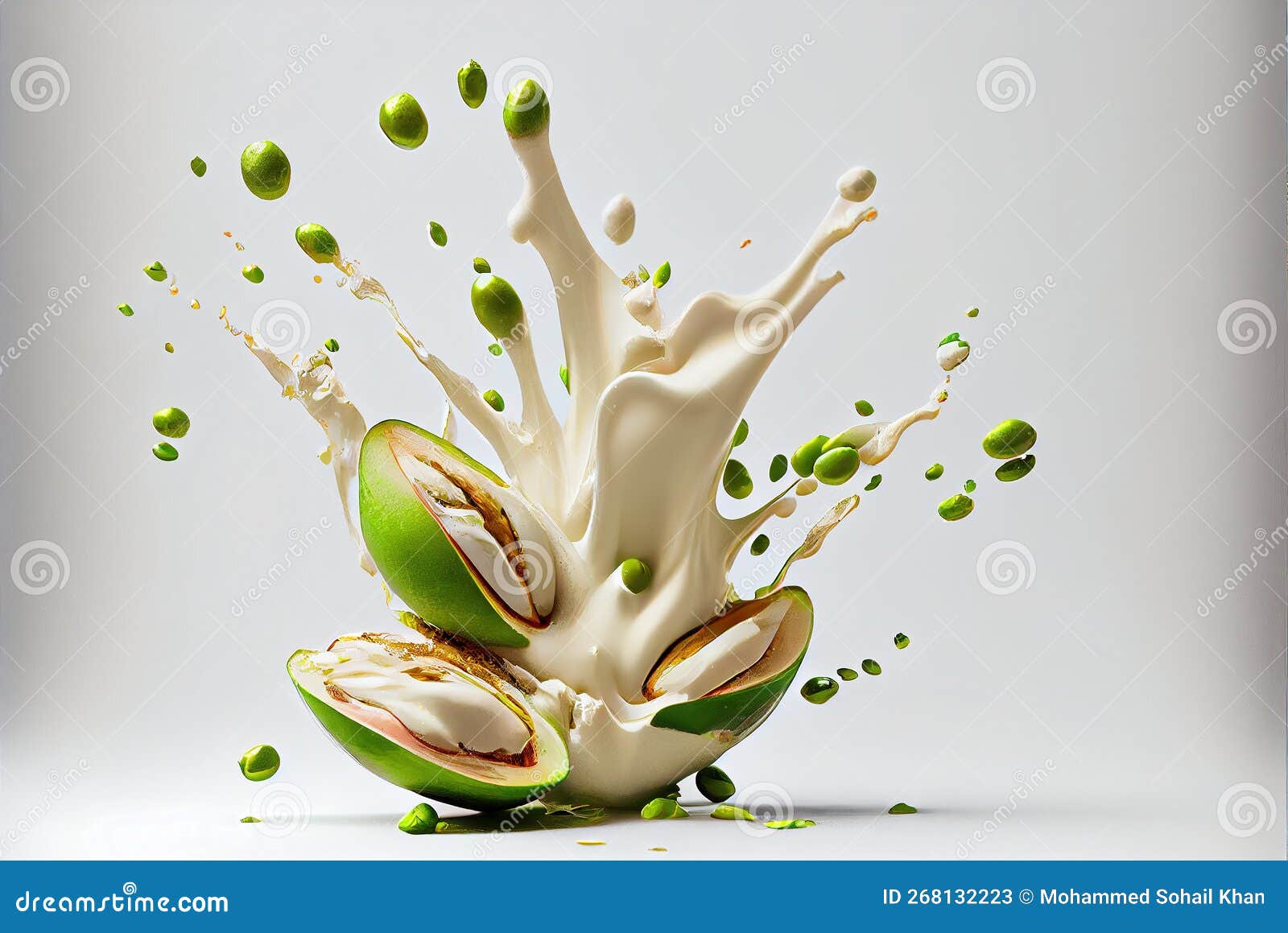 Pistachio Splashing into Milk on White Backdrop AI Generative Stock ...