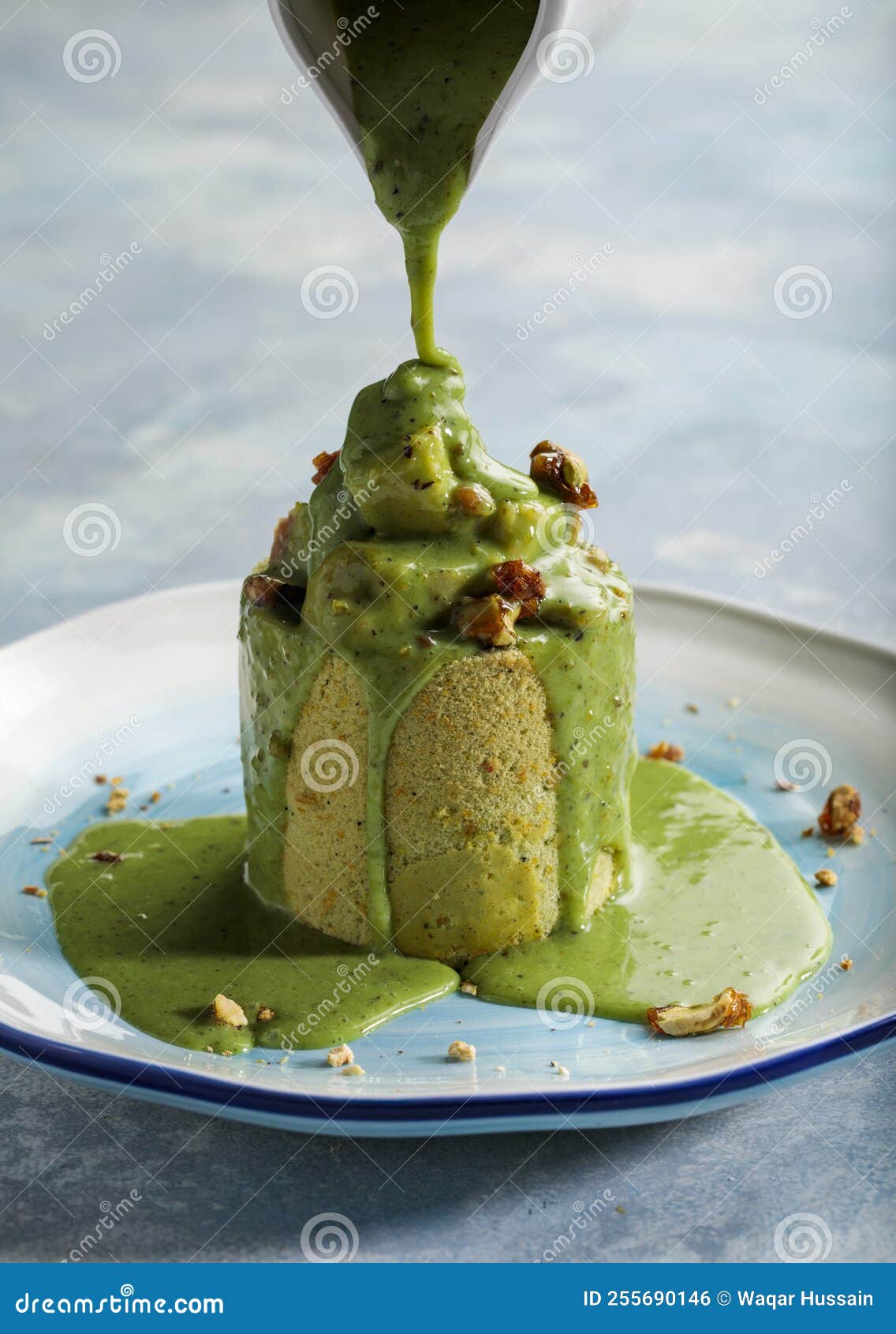 Pistachio Volcano Cake Served in a Dish Side View Isolared on Wooden ...